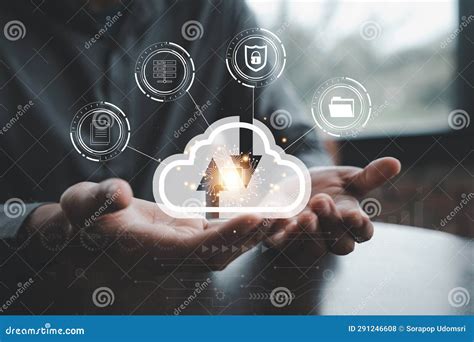 Virtual Screen With Cloud Computing Diagram Displayed By A Man Stock