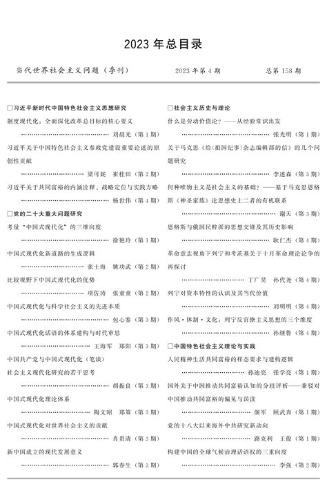 《当代世界社会主义问题》2023年总目录 教育部人文社科重点研究基地山东大学当代社会主义研究所