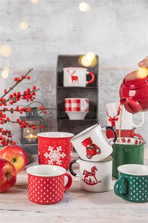 Festive Holiday Mugs On Rustic Table Stock Illustration Illustration