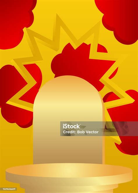 금색 빨간색 노란색 무대 쇼케이스 벡터 모형 제품 디스플레이 추상 실린더 받침대 연단 최소한의 기하학적 형태 0명에 대한 스톡