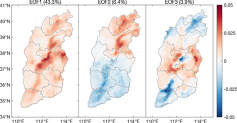 Spatial Distribution Map Of First Three Modes A Eof1 B Eof2 And