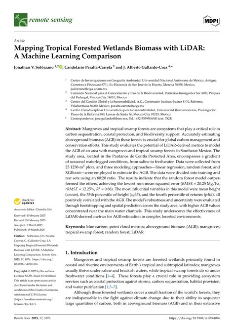 Pdf Mapping Tropical Forested Wetlands Biomass With Lidar A Machine