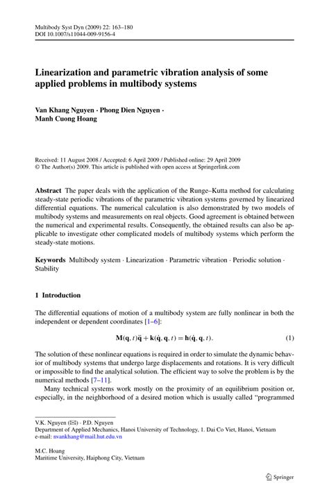 Pdf Linearization And Parametric Vibration Analysis Of Some Applied Problems In Multibody Systems