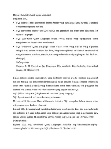 Pengertian Materi Sql Structured Query Language Pdf Komputer