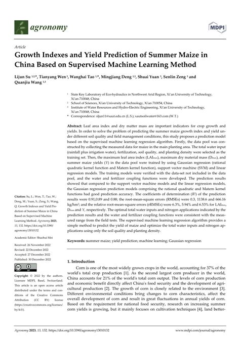 Pdf Growth Indexes And Yield Prediction Of Summer Maize In China Based On Supervised Machine