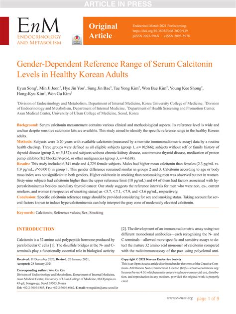 Pdf Gender Dependent Reference Range Of Serum Calcitonin Levels In Healthy Korean Adults