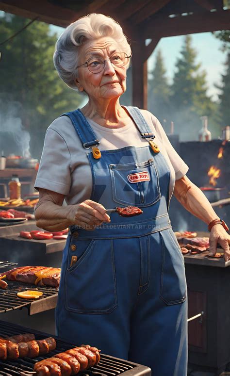 Grandma In Overalls At Barbecue Lady Babe Model 1 By Rebelyelli On