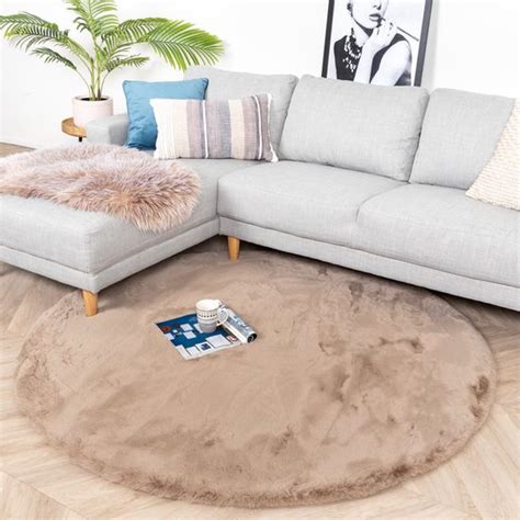 Vloer Kleed Fluffy Rond 160 Cm Taupe Kleur Bol
