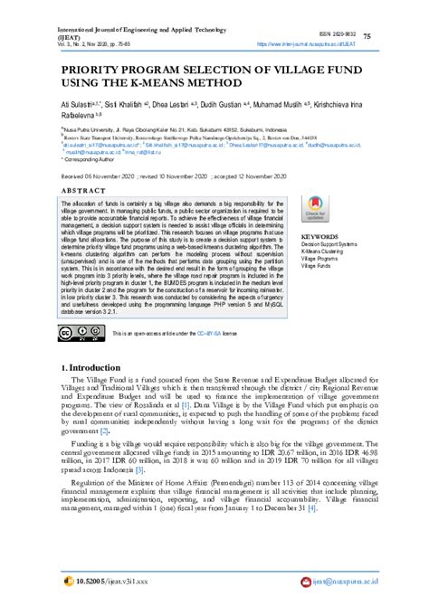 Pdf Priority Program Selection Of Village Fund Using The K Means Method