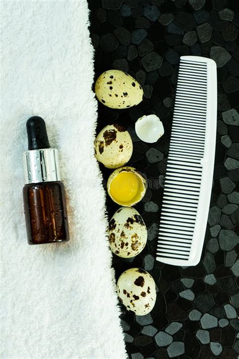 The Concept Of Natural Cosmetics Based On Eggs A Bottle Layout A Comb