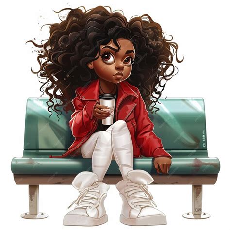 A Drawing Of A Girl With Long Curly Hair Sitting On A Bench Premium
