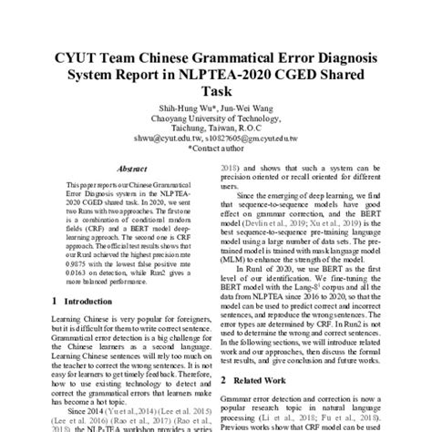 Cyut Team Chinese Grammatical Error Diagnosis System Report In Nlptea 2020 Cged Shared Task