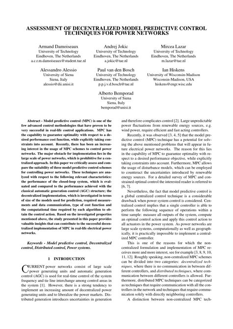 Pdf Assessment Of Decentralized Model Predictive Control Techniques For Power Networks