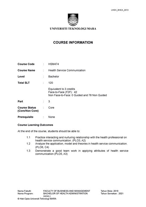 1 Ci Hsm474 Health Communication Universiti Teknologi Mara Course Information Course Code