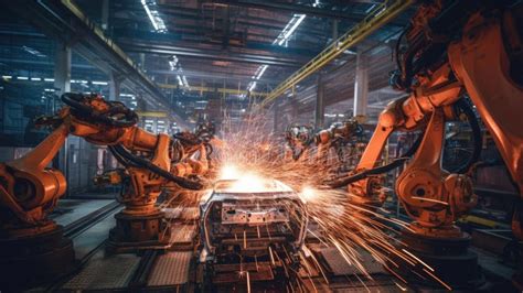 Robots Welding In Automobile Assembly Line Production Heavy Industry Stock Illustration