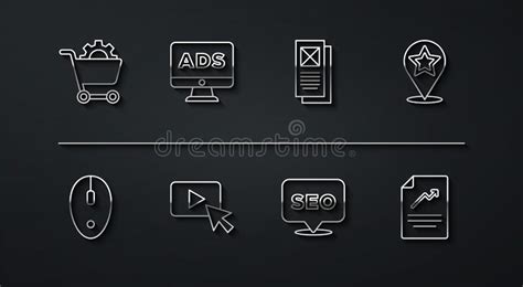 Set Line Shopping Cart Computer Mouse Map Pointer With Star Seo Optimization Advertising