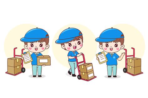 만화 캐릭터 배달 남자 핸드 트럭에 골판지 상자가있는 유니폼 소지 보고서 용지에 택배 플랫 일러스트 레이 션 격리 벡터 디자인