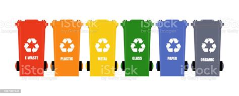 전자 플라스틱 금속 유리 종이 유기 폐기물이있는 다른 색깔의 재활용 쓰레기통 쓰레기를 다른 용기로 분리합니다 벡터 Esp10 쓰레기 수거통에 대한 스톡 벡터 아트 및 기타