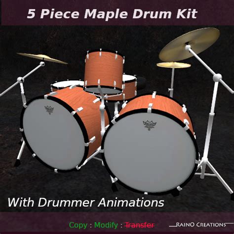 Second Life Marketplace 5 Piece Drum Kit With Animations Maple