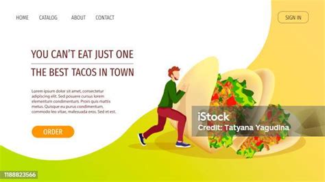 패스트 푸드 타코 요리 음식 주문 멕시코 요리에 대한 웹 페이지 디자인 템플릿 고기 토마토 양상추 옥수수와 거대한 타코와 작은 남자 건강한 식생활에 대한 스톡 벡터 아트 및