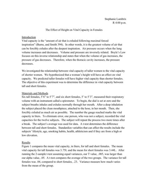 Height Vs Vital Capacity In Females A Lab Report