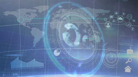 Animation Of Futuristic Digital World Map With Data Processing Technology Interface Stock