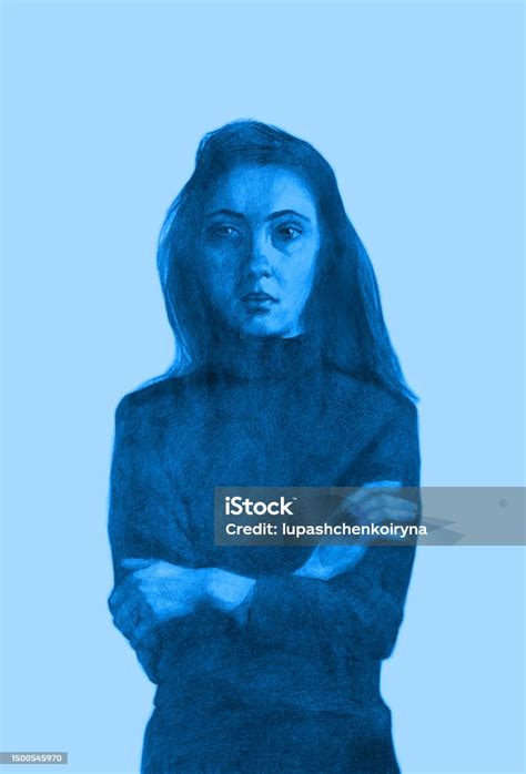 스웨터를 입고 긴 머리를 한 여자의 초상화를 가슴에 팔짱을 끼고 있는 그림 연필 그림 여자에 대한 스톡 벡터 아트 및 기타