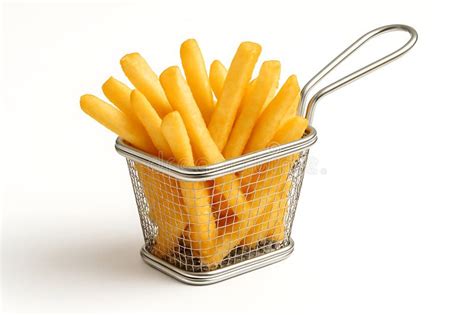 A Metal Basket Of Golden French Fries Isolated On White Background