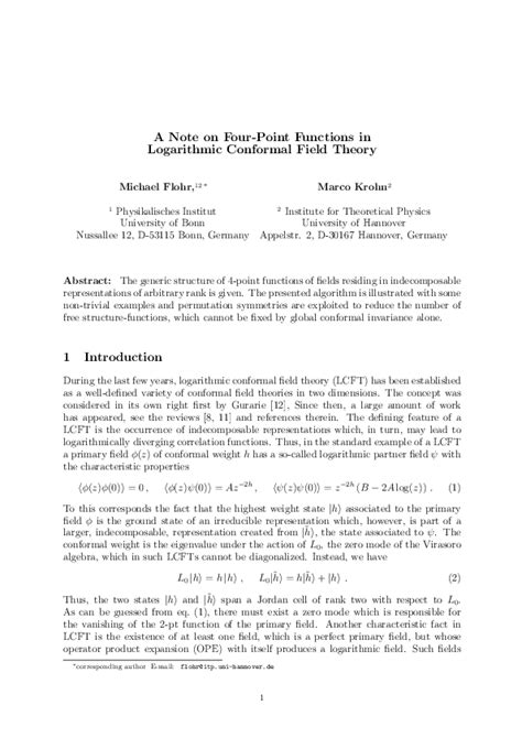 Pdf A Note On Four Point Functions In Logarithmic Conformal Field Theory