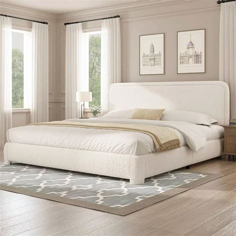 Boucle Upholstered Bed Frame King Size Soft Rounded Corners Headboard Low Profile