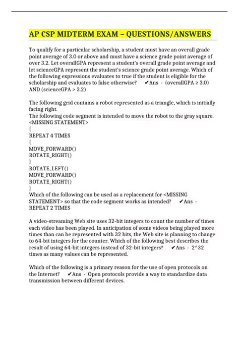Ap Csp Midterm Exam Questionsanswers Ap Csp Stuvia Us