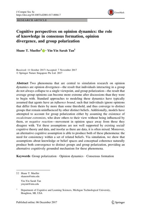 Pdf Cognitive Perspectives On Opinion Dynamics The Role Of Knowledge In Consensus Formation