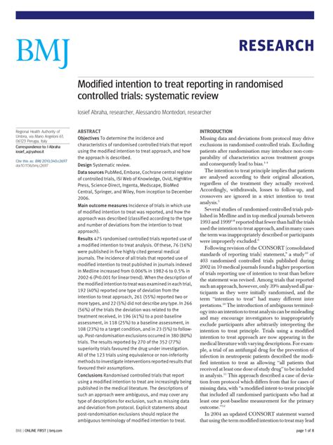 Pdf Modified Intention To Treat Reporting In Randomised Controlled Trials Systematic Review