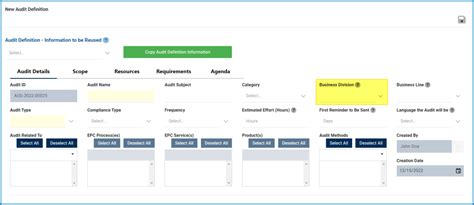 New Audit Definition Department Dropdown Renamed As Business Division