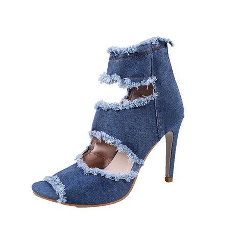New Summer Women High Heels Denim Sandals Shoes Woman Sewing Peep Toe Thin Heel Wedges Zipper