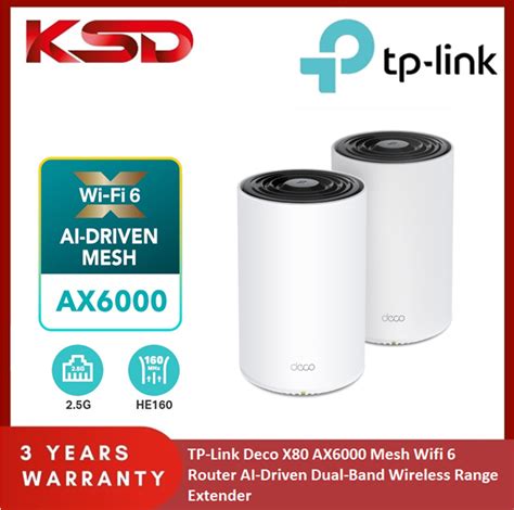 TP Link Deco X80 AX6000 Mesh Wifi 6 Router AI Driven Dual Band Wireless Range Extender 1 Pack