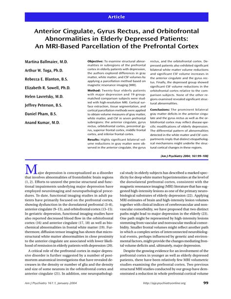 PDF Anterior Cingulate Gyrus Rectus And Orbitofrontal Abnormalities In Elderly Depressed