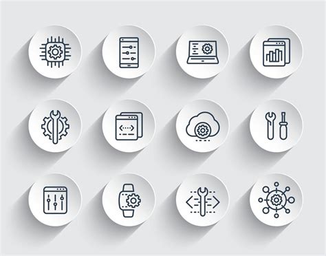 Development Configuration Engineering Settings Repair Service Line Icons Set Vector