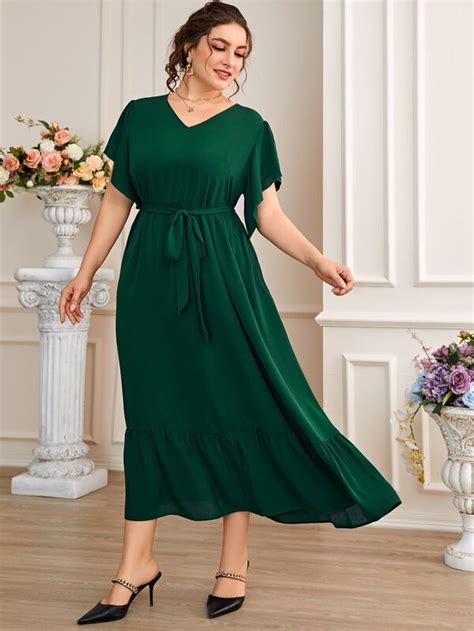 Shein Lune Plus Flutter Sleeve Ruffle Hem Belted Dress Shein Usa