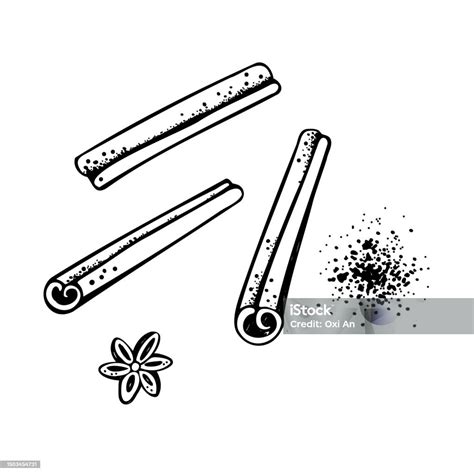 계피 스틱 나무 껍질 갈색 향신료 손으로 그렸습니다 압연 계피로 설정합니다 매운 조미료 조미료 요리용 향기로운 성분 뒷면 흰색 배경에 격리된 벡터 그림 계피에 대한 스톡