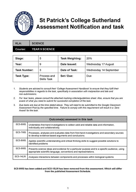 9 Science Notification Process And Skills Task St Patricks College
