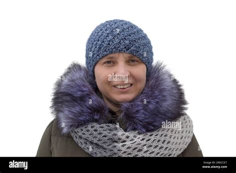 Smiling Woman In A Jacket With A Fluffy Collar On A White Background