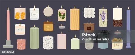향기로운 불타는 양초 세트 밀랍 파라핀 콩 항아리 용기 기둥에 코코넛 왁스 양초 아로마 스파 캔들 컬렉션 제로 웨이스트 에코 선물 손으로 벡터 일러스트 레이 션 그리기 기둥