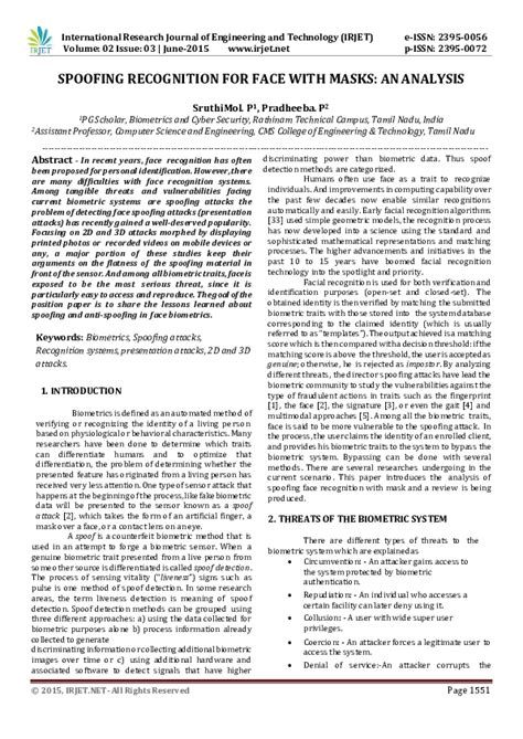 Pdf Irjet Spoofing Recognition For Face With Masks An Analysis Irjet Journal