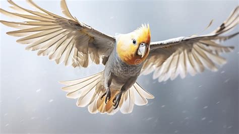 Realistic Cockatiel In Flight With White Background Photography Stock