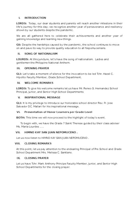 Recognition Script I Introduction Lords Today Our Dear Students