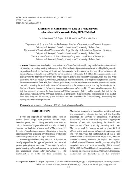 Pdf Evaluation Of Contamination Rate Of Breakfast Cereals With Aflatoxin And Ochratoxin Using