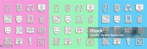 세트 라인 온라인 재생 비디오 배우 트레일러 빛 미터 헤드폰 드라마 연극 마스크 스토리 보드 백스테이지 및 조명 아이콘 메이크업 거울 벡터 Theatrical