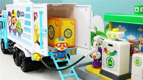 뽀로로 택배차 트럭과 타요버스 주유소 습격사건 장난감 놀이 Tayo The Little Bus Gas Station And