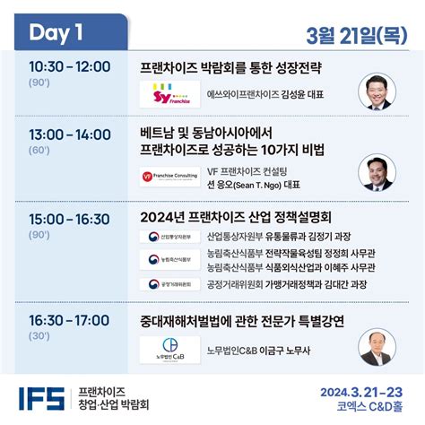 Ifs 프랜차이즈 창업•산업 박람회 👀 컨퍼런스 Day 1 📅 1030 1200 프랜차이즈 박람회를 통한 성장전략 📅 1300 1400 베트남 및 동남아시아에서
